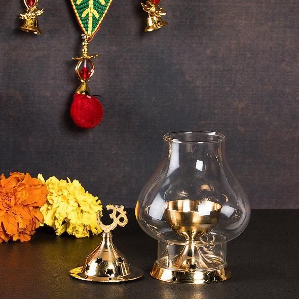 Brass Akhand Diya with Borosilicate Glass for Puja Home Temple Oil Lam ...